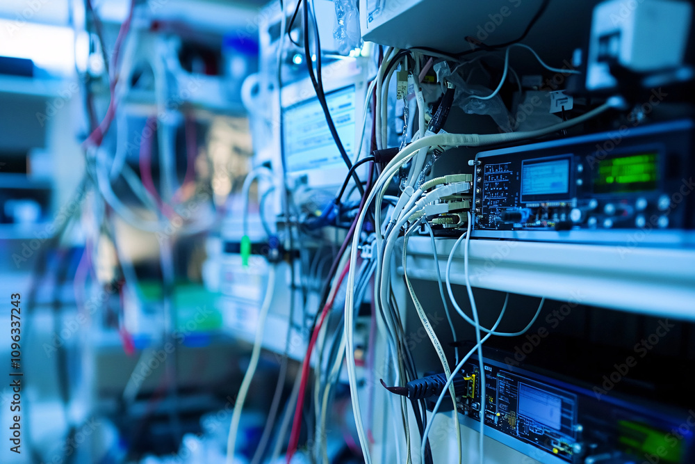 networking devices and wires neatly organized in a data center rack ...