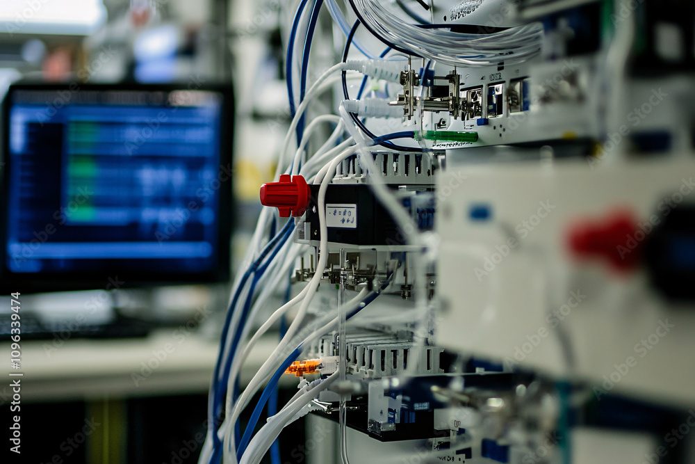 a close-up of a server room featuring blue ethernet cables connecting ...