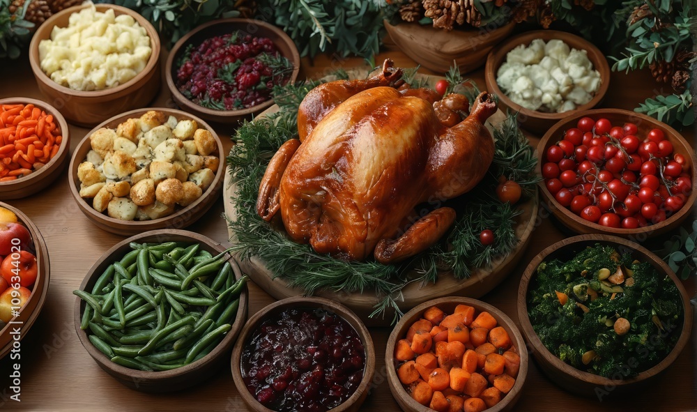 American traditional golden roasted turkey with cranberry sauce ...