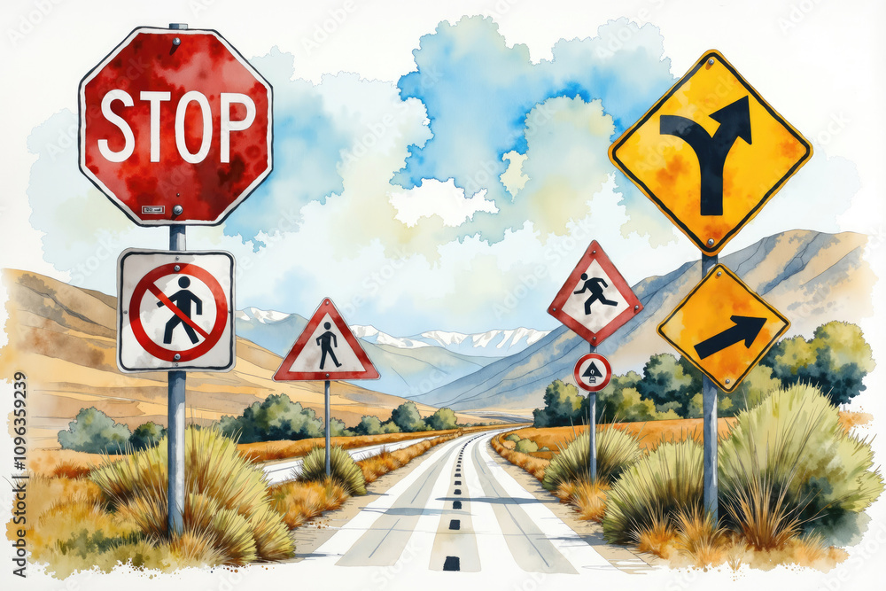 Road signs showing different directions at road beginning Stock ...