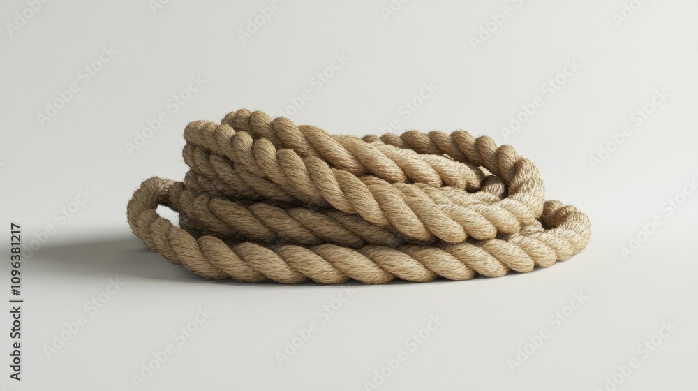 Coiled lasso rope with a textured surface displayed on a smooth, plain ...