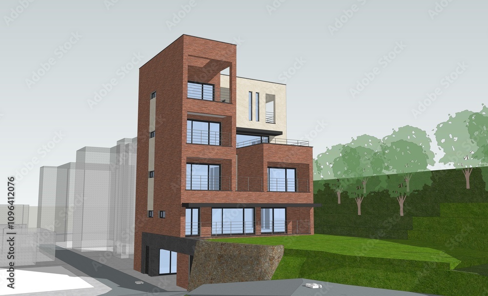 3d modeling of a modern, multi-level residential or commercial building ...