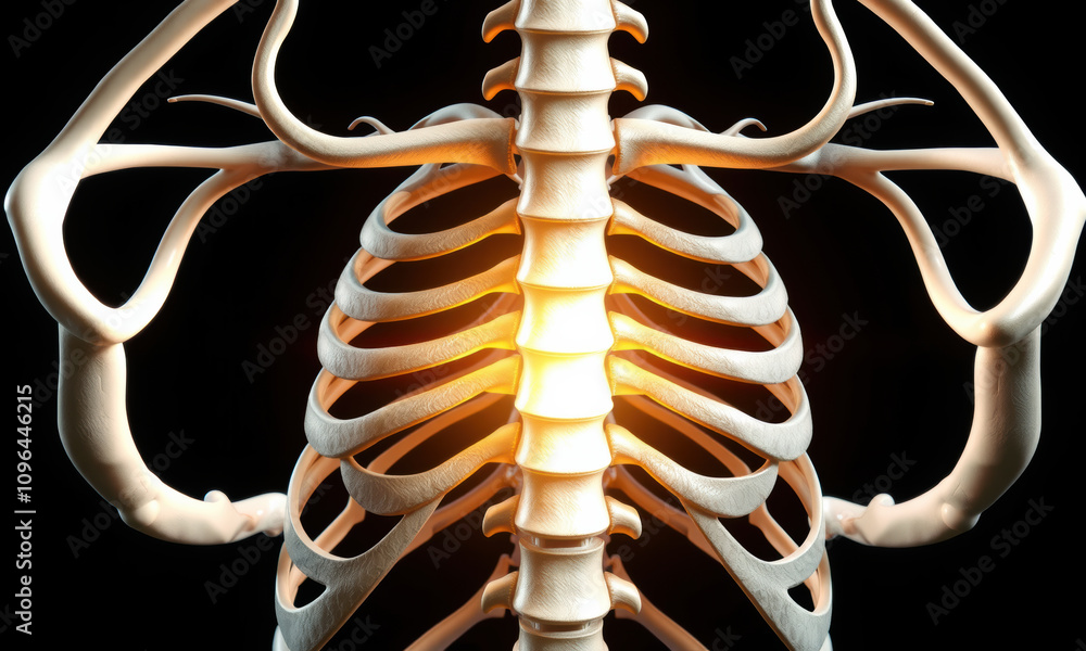 Anatomical illustration of human spinal column and rib cage, showcasing intricate structure of ...