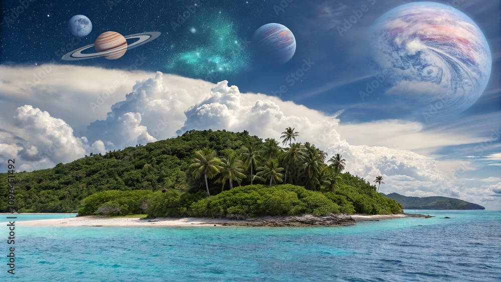 Island Ocean Sea Beach Coast Palms Space Moon Stars Planets Sun Nature ...