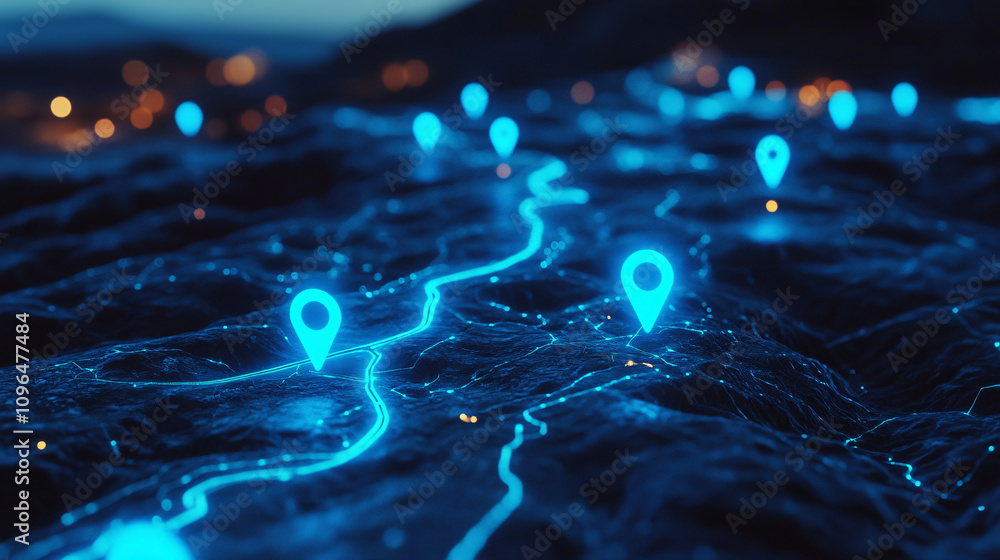blue glowing location pins on map with dynamic path lines connecting ...
