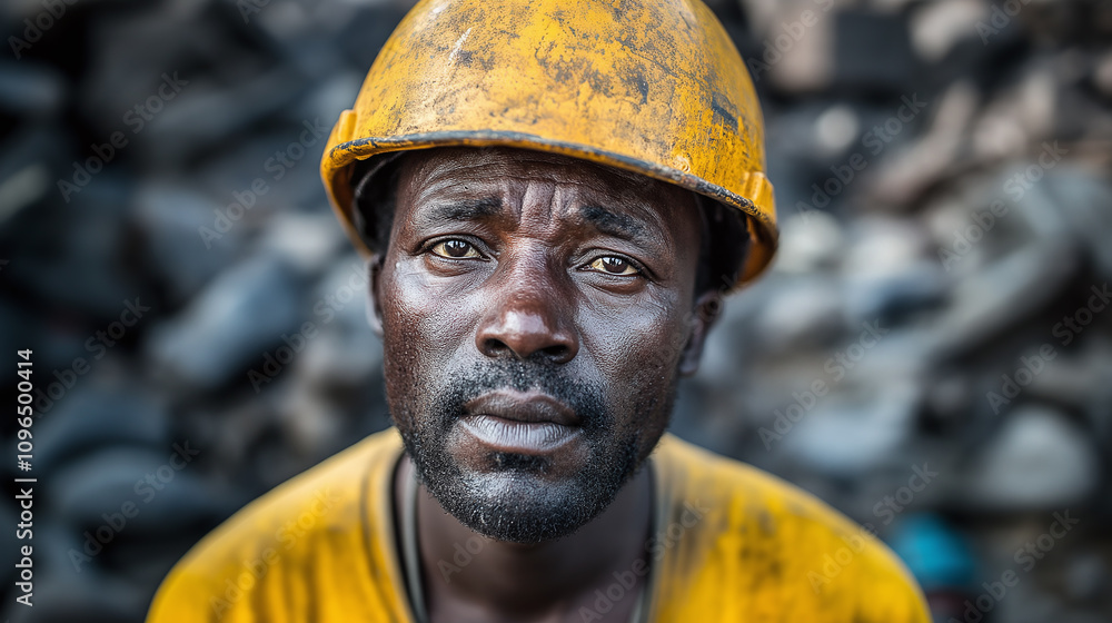 Portrait of a cobalt mine worker wearing a hard hat, standing in a ...