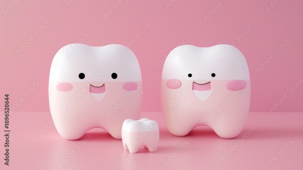 Smiling tooth family with cartoon faces on a pink background. 3D ...
