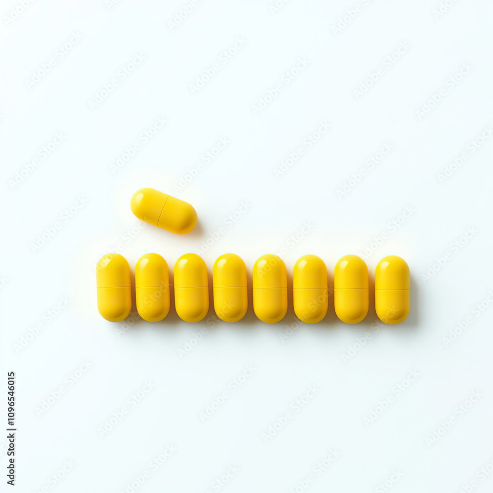 Yellow pills arranged in a neat row on a white background, background ...
