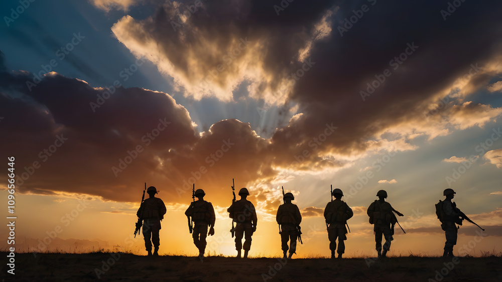 Four soldiers stand on a hillside, looking out over a beautiful sunset ...