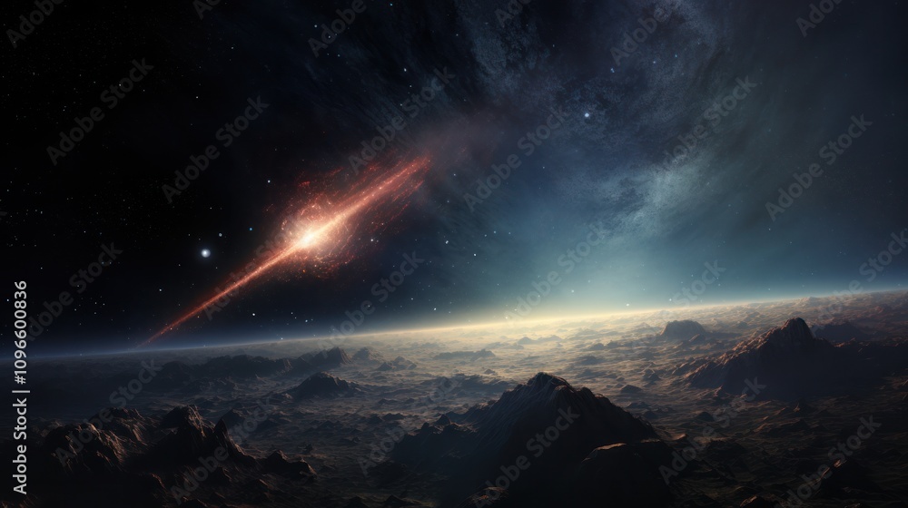 A vivid depiction of a comet flying past a distant planet, with the ...