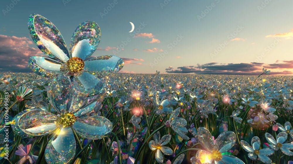 A vast field of flowers with petals made of tiny mirrors, reflecting a ...