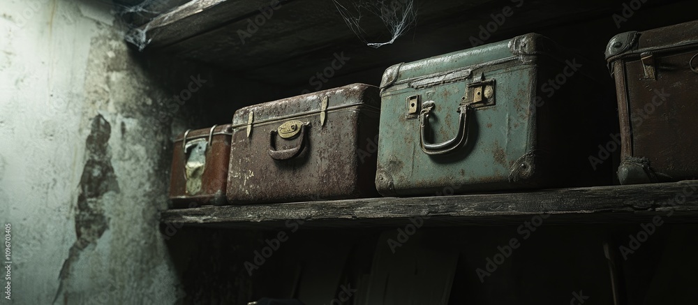Vintage suitcases on a dusty garage shelf showcasing corrosion and ...