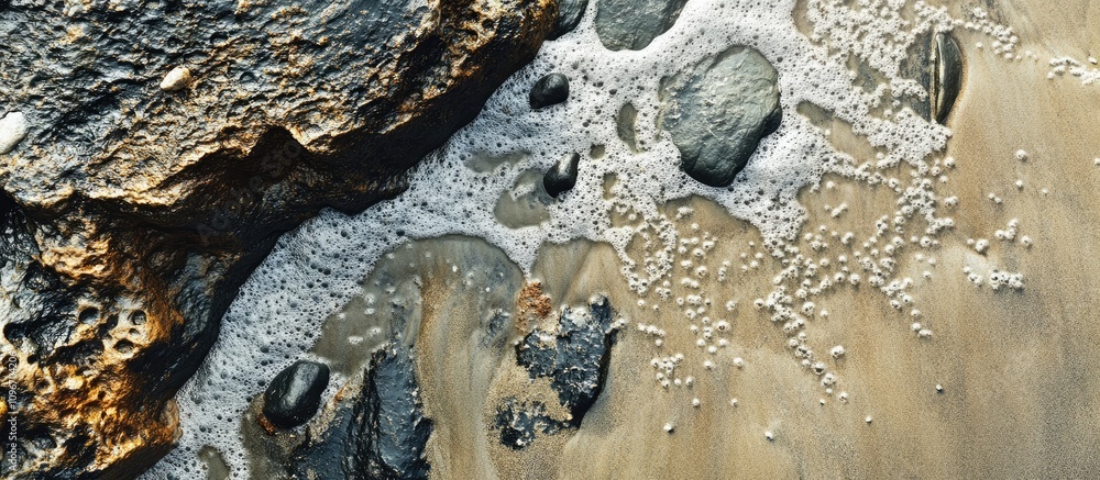 Textured shoreline with rocks and sand creating a serene coastal scene ...