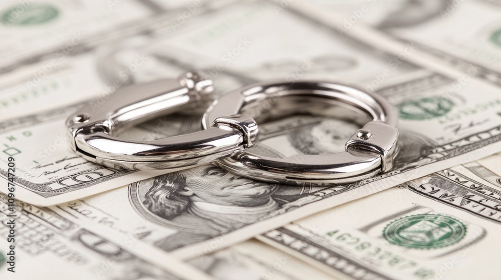 Handcuffs symbolize restraint and control on a backdrop of dollar bills ...