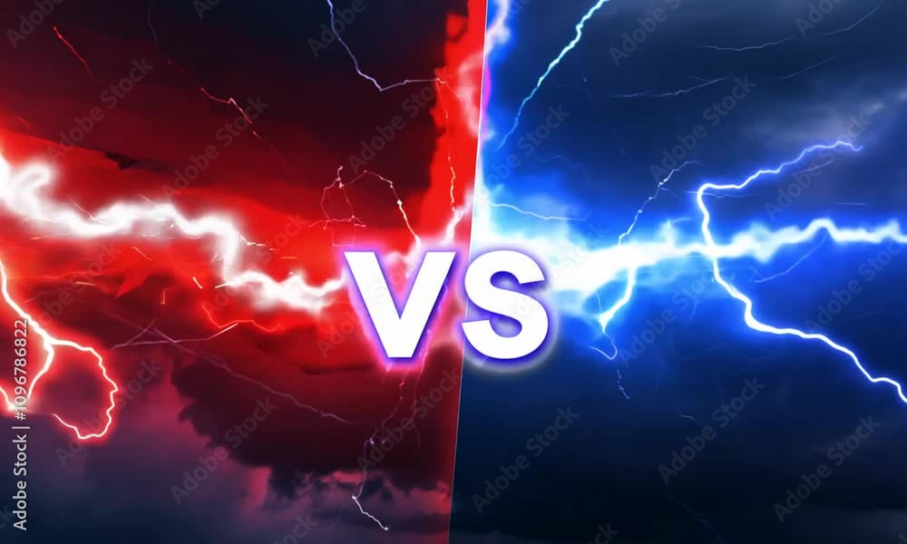 Dynamic lightning collision with VS text dividing red and blue electric ...