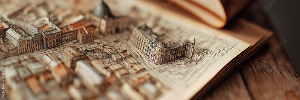 An intricate antique city map showcasing detailed buildings and streets ...