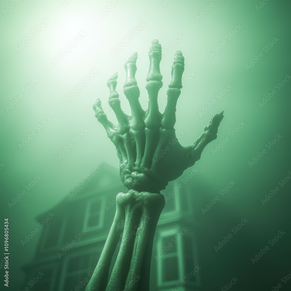skeletal hand reaching out of the ground, background is a haunted house ...