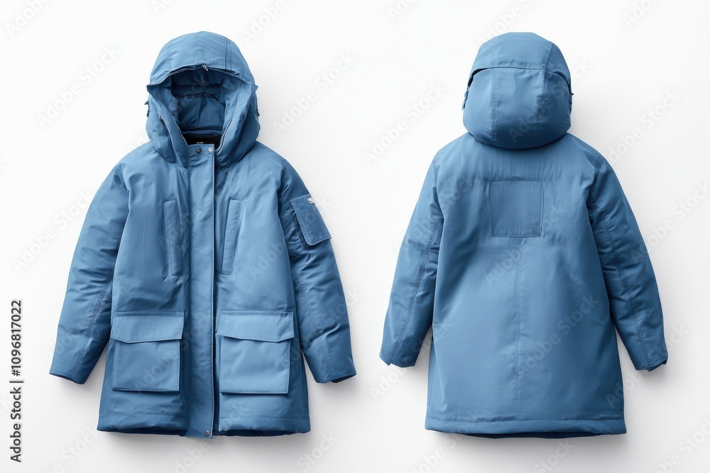 Light blue parka coat with hood and functional design isolated on white ...
