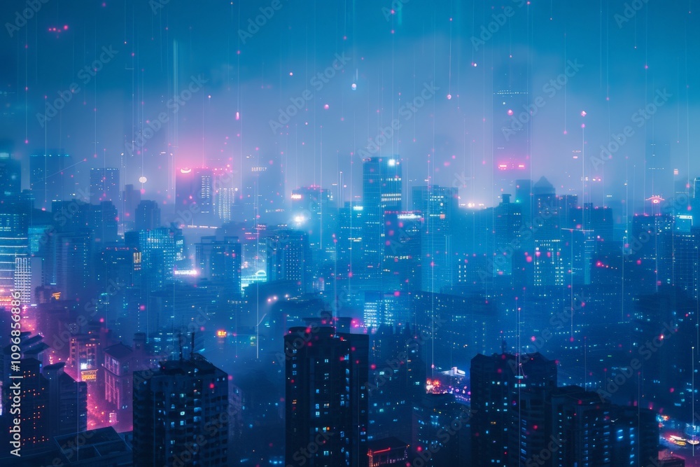 ภาพประกอบสต็อก Futuristic city skyline at night with blue neon lights ...