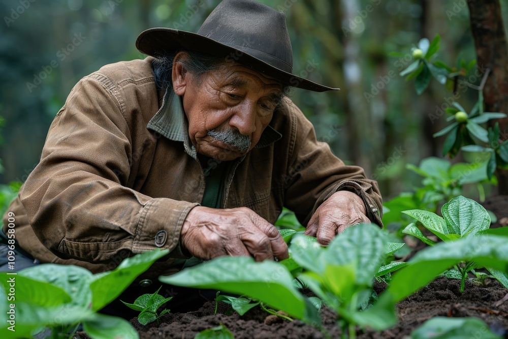 Elderly man with traditional hat carefully planting saplings in forest ...