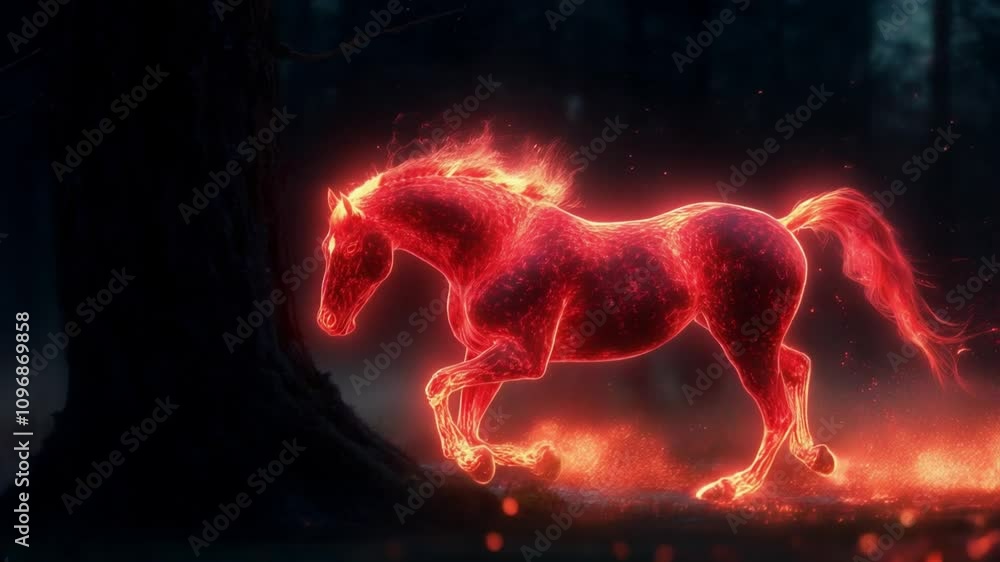A digital art depicting a fiery red horse, composed of glowing embers ...