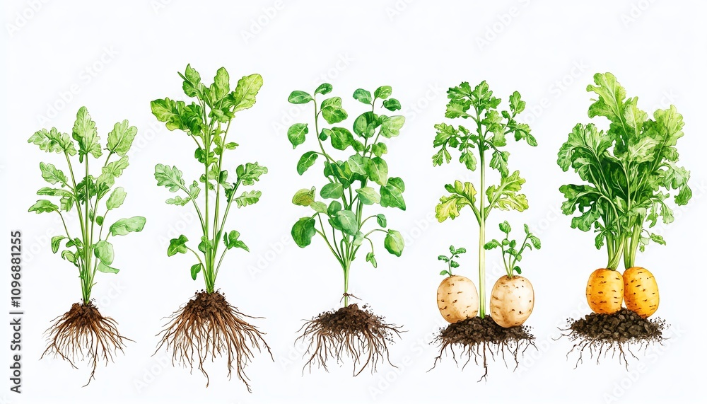 Illustration of various vegetable plants with roots, soil stages, and ...