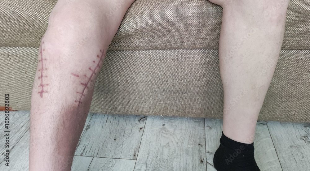 Scars after knee surgery, leg fracture requiring surgery and metal ...