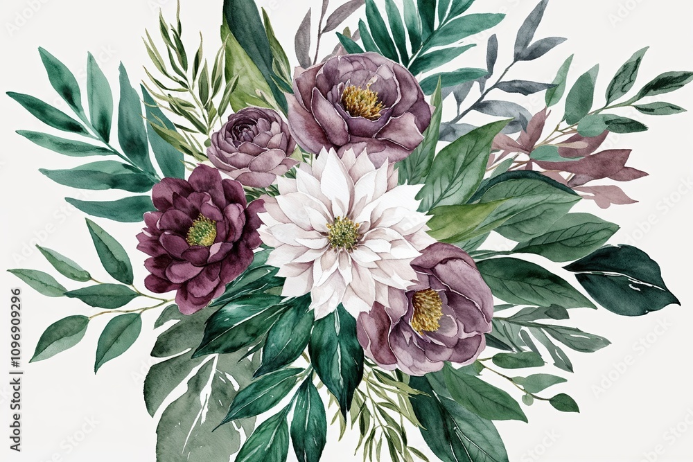 Emerald Green and Dusky Mauve Watercolor Floral Arrangement for Elegant ...