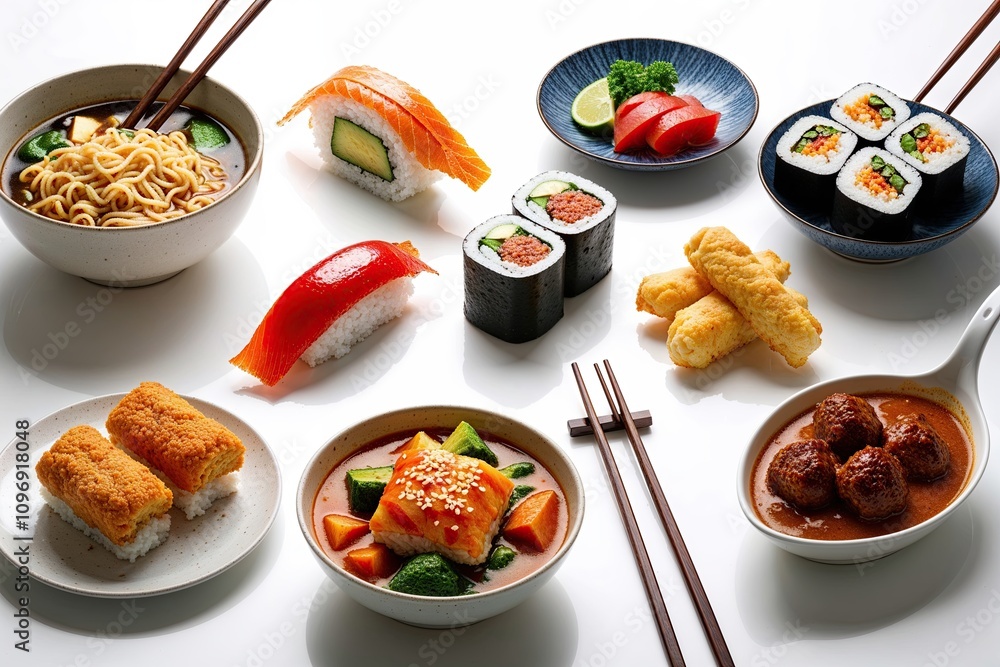 Isolated 3D Icons of Japanese Cuisine Ramen Noodles Sushi Rolls Tempura ...