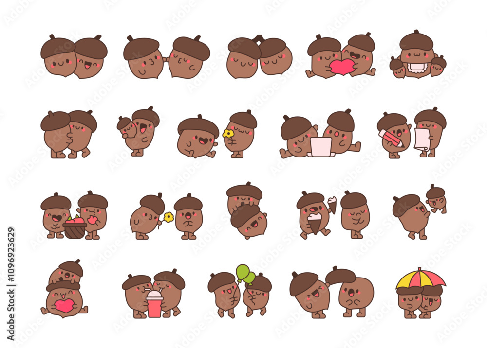 Cute kawaii acorn couple cartoon characters in outline style for ...