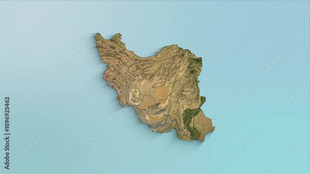 Iran animated map showing regions forming the country with a physical ...