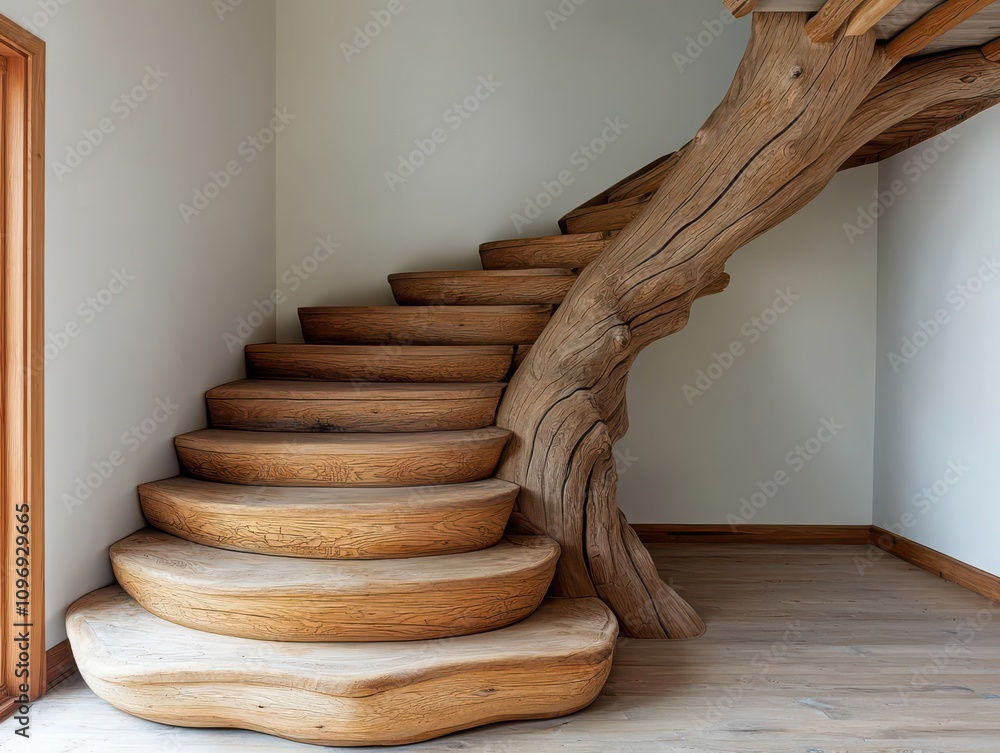 woodwork and carpentry concept. A custom-built wooden staircase with ...