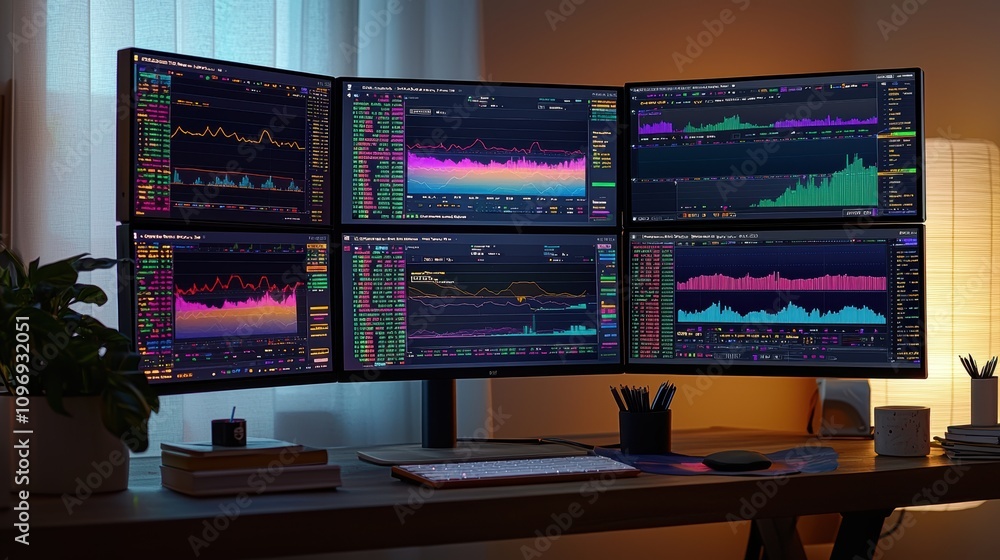 A multi-screen trading setup with stock charts, financial indicators ...
