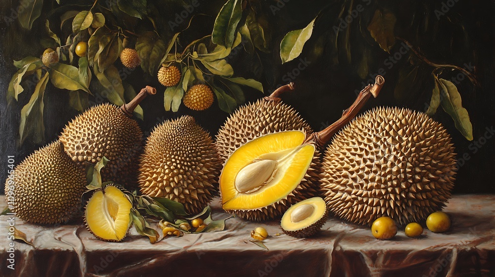 Still life featuring four durian fruits, one cut open to reveal its ...