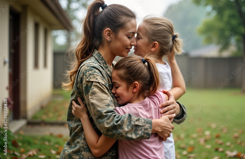 Soldier mom embraces two daughters. Family reunion. Childrens hug ...