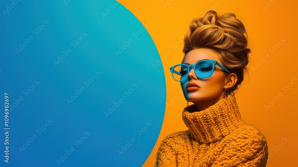Young woman with glasses poses against a vibrant blue and orange ...