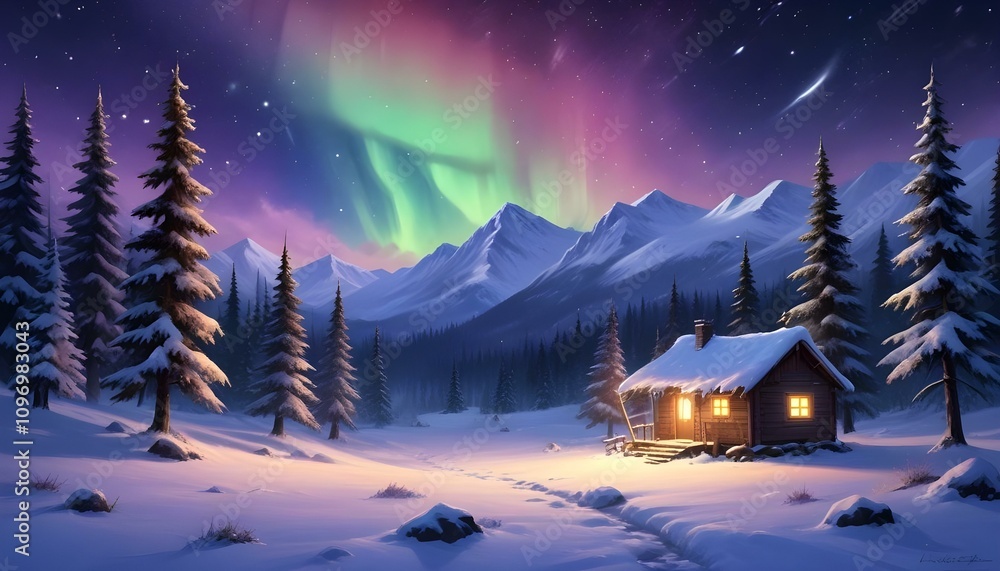 Paisaje Invernal de Fantasía Un paisaje nevado con árboles cubiertos de nieve, una cabaña ...