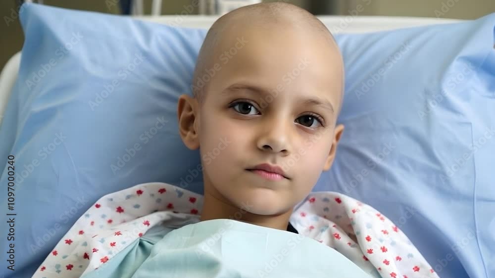 Young sick boy without hair lying in hospital bed. Ill bald kid in ...