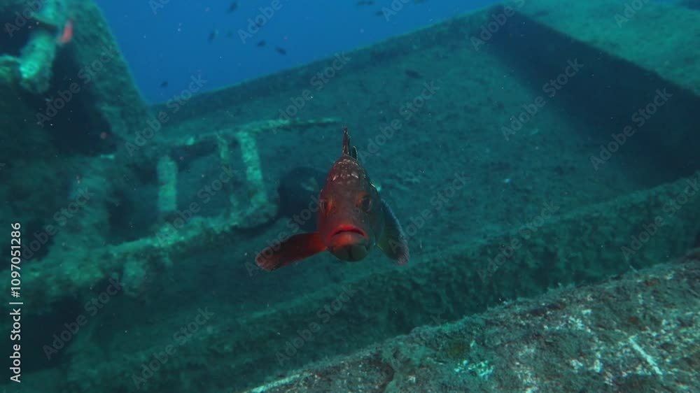 Curious fish - grouper posing for video on the sunken ship. Scuba ...