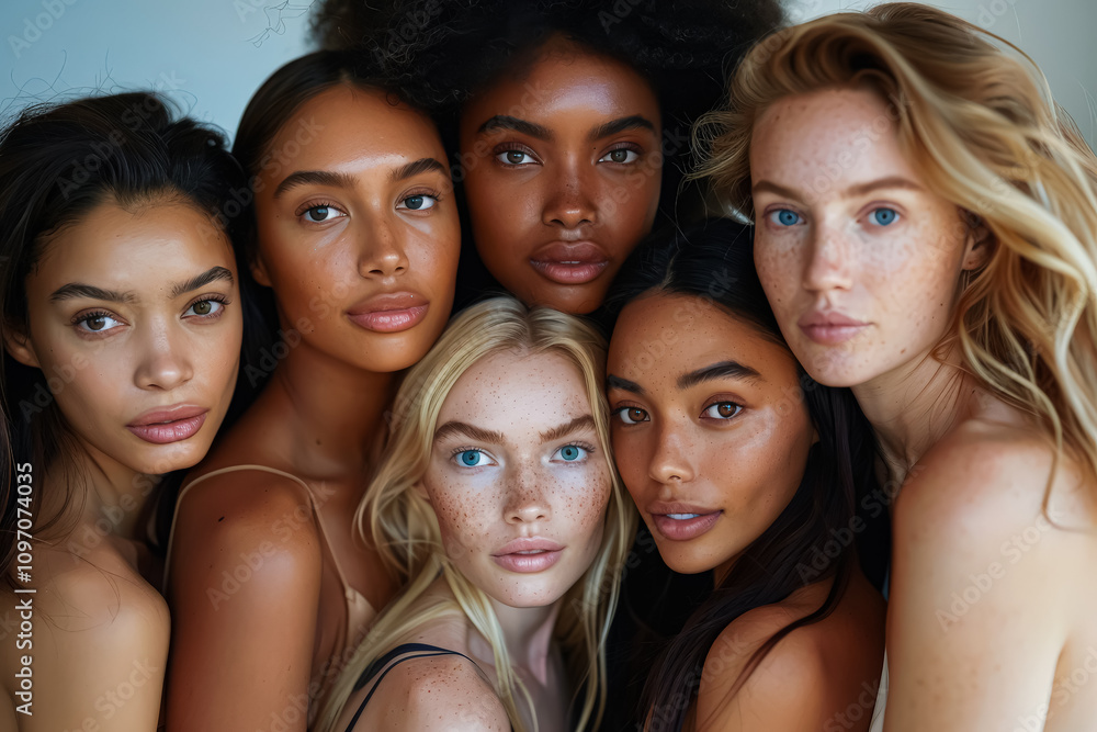 Group of women with different skin tones are posing for a photo. Scene ...