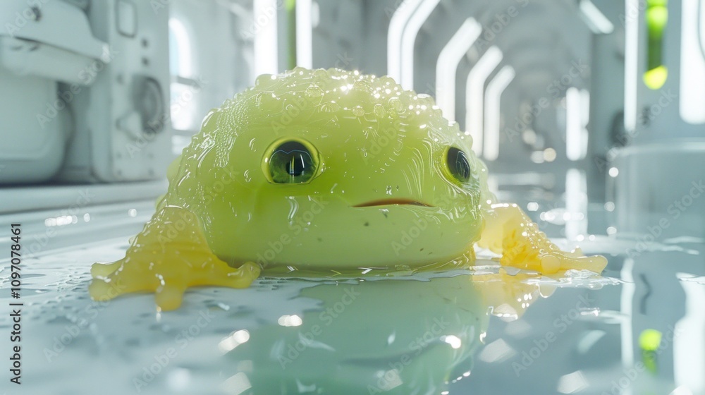 Cute, slimy, yellow alien frog in futuristic lab. Stock Illustration ...