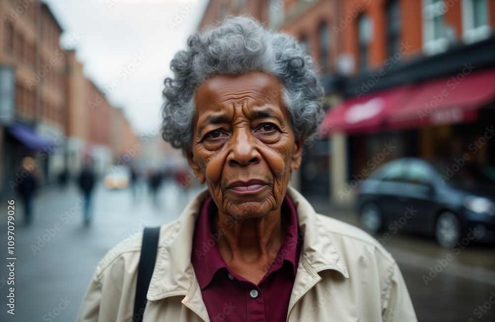 Elderly African American woman serious face city street. Senior female ...