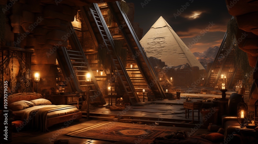 Pyramid interiors revealing a sarcophagus in hidden chambers ...