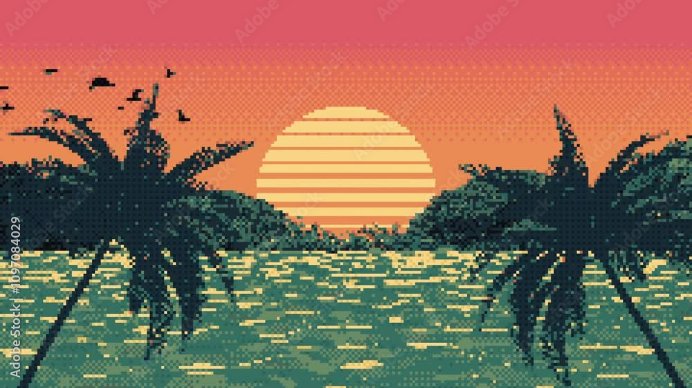 Pixel tropical background in 4K. 8-bit panoramic retro background ...