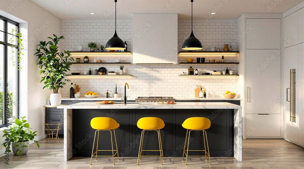Modern kitchen with yellow bar stools, sleek design, and ambient ...