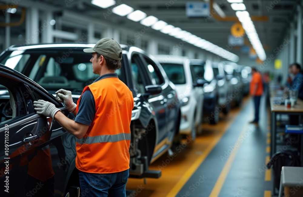 Auto factory assembly line worker installs car part. Male worker wears safety vest ...