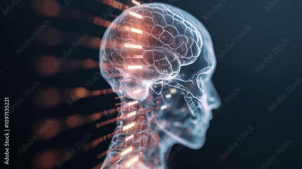 Digital brain visualization with glowing neural connections on dark background. Artificial ...