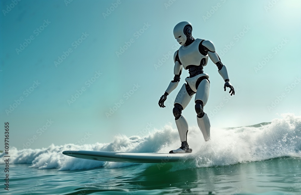 Robot surfing ocean wave. AI humanoid rides surfboard. Artificial ...