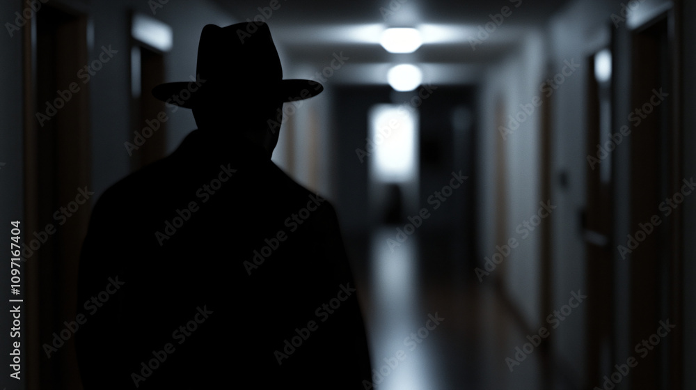 Mysterious man in shadowy hat quietly walks through dim corridor ...