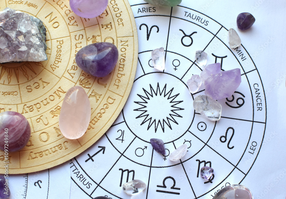 Precious natural stones with a board with symbols of the zodiac signs ...
